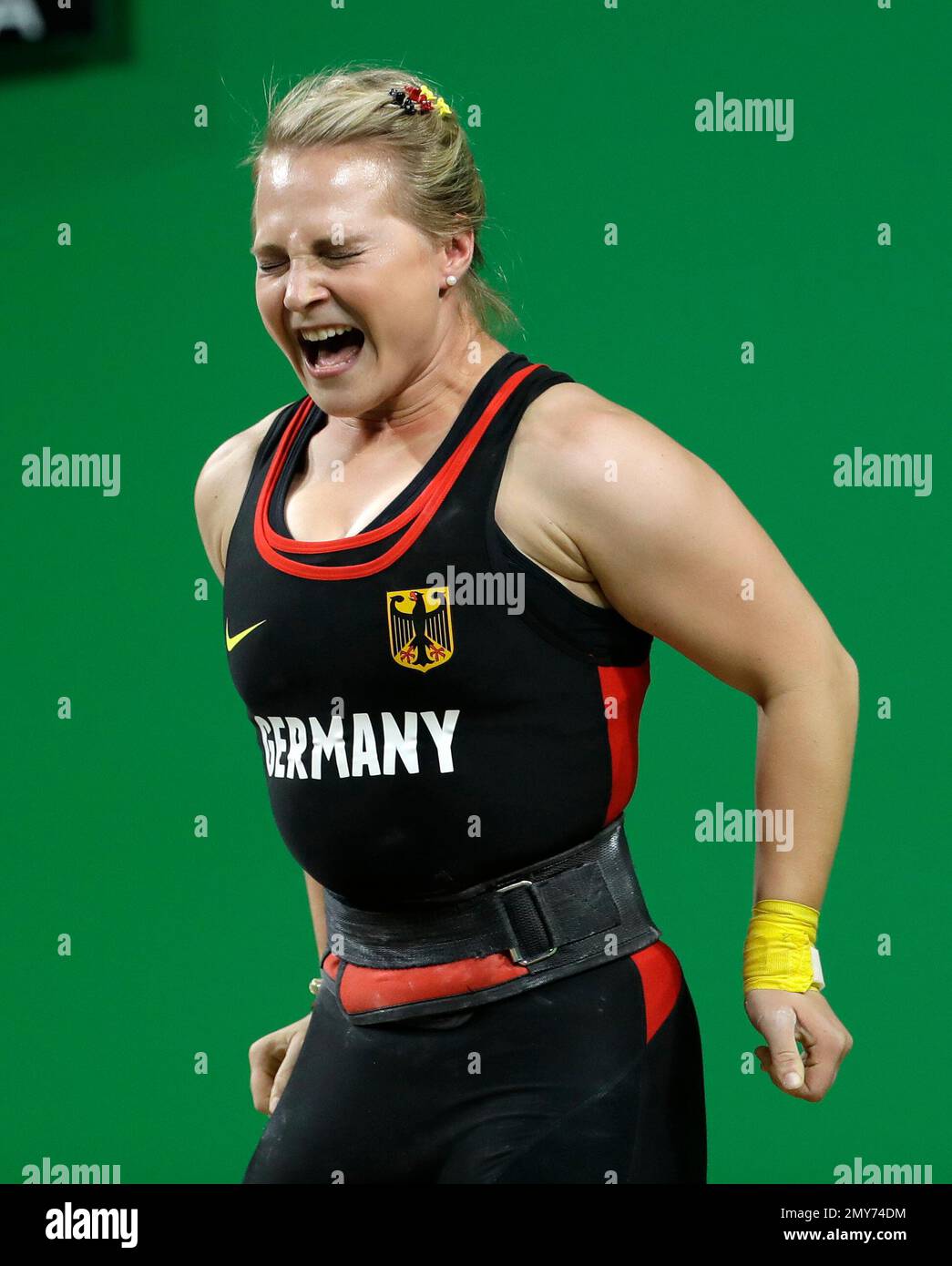 Sabine Kusterer, of Germany, celebrates after a lift in the women's ...