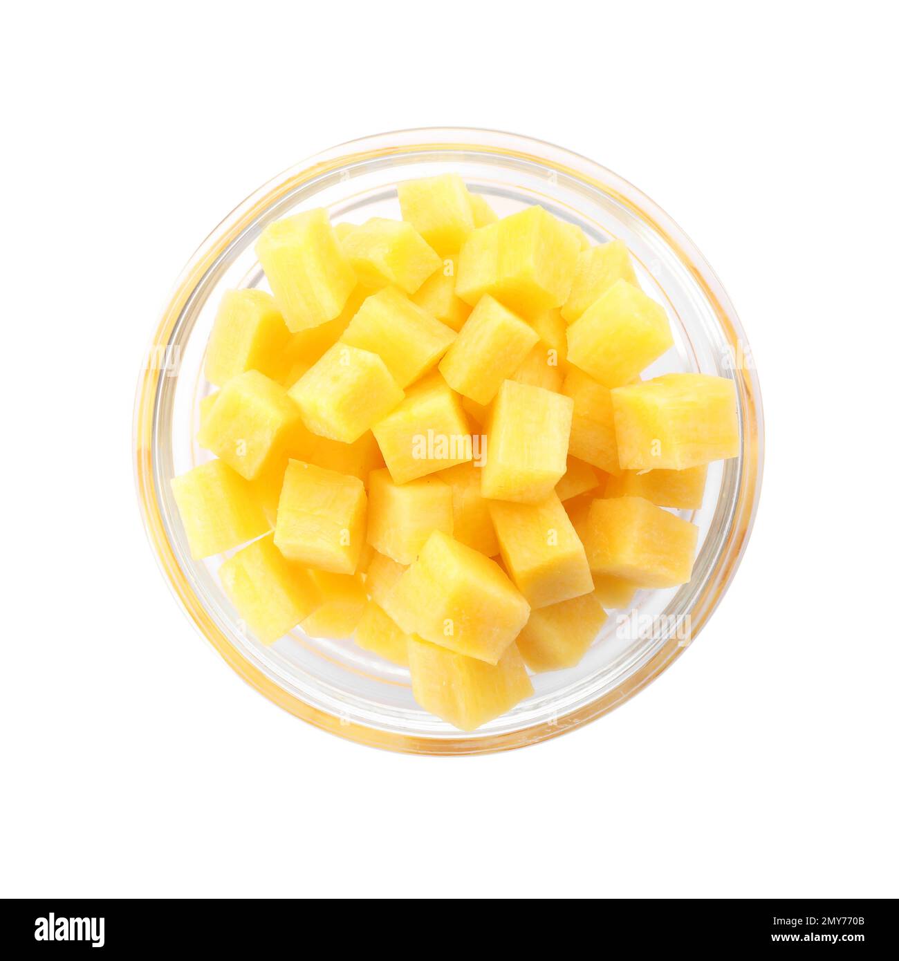 Raw yellow carrot cubes in glass bowl isolated on white, top view Stock ...