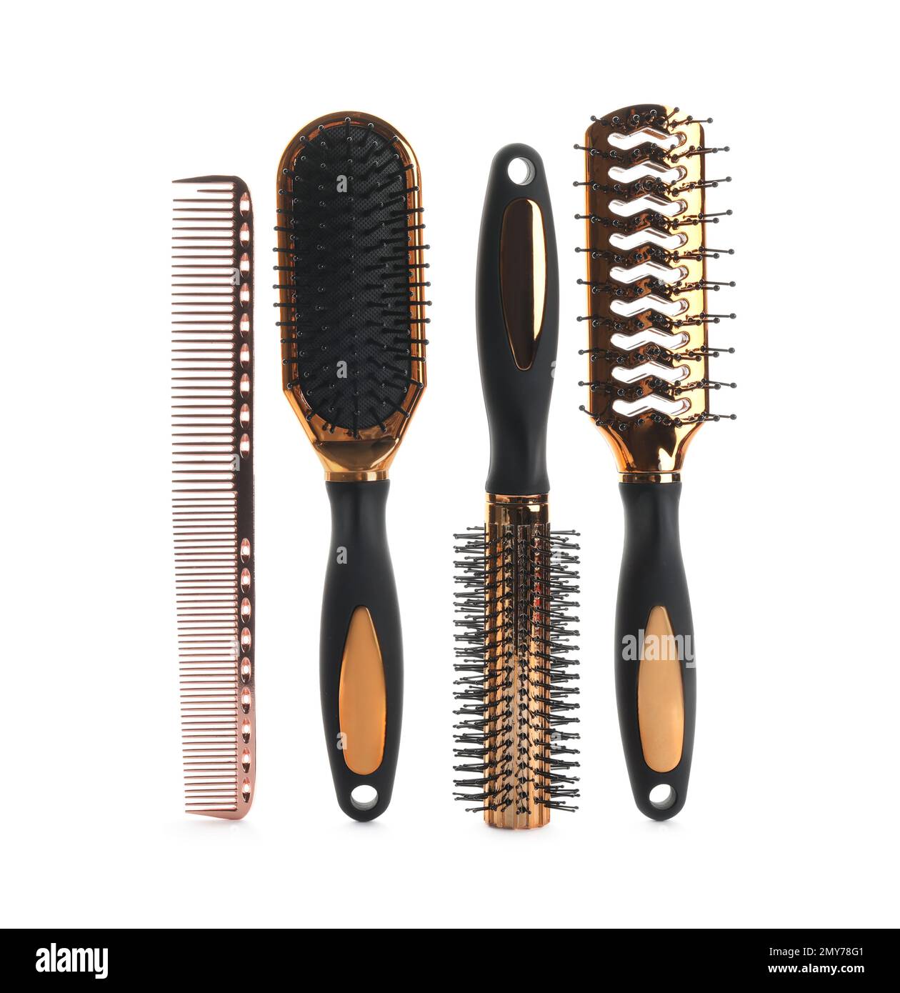 Set of professional hair brushes and comb isolated on white, top view ...