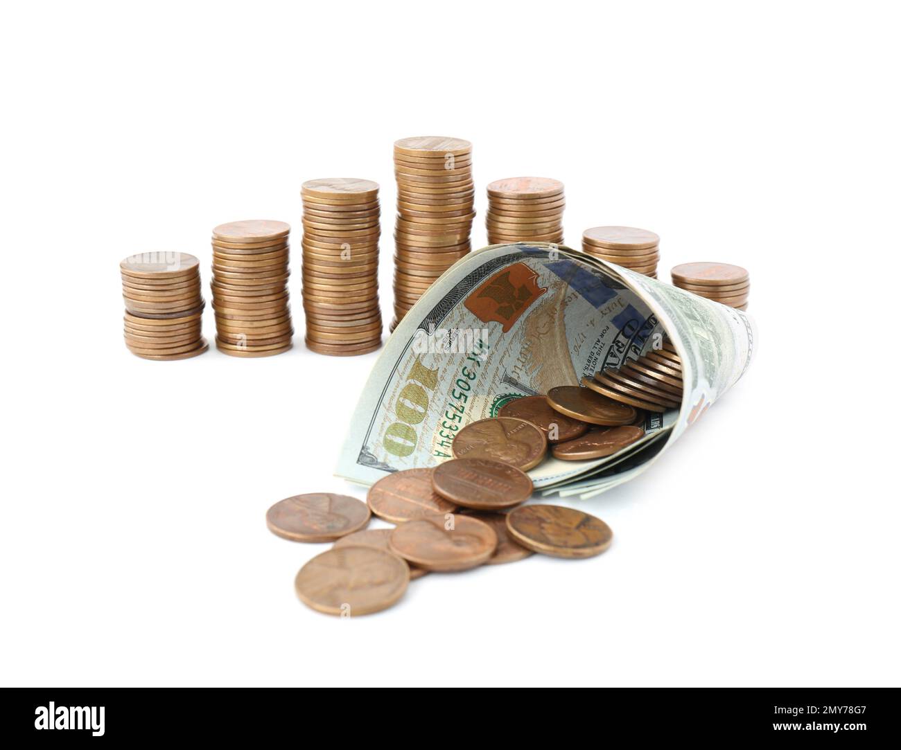 Dollar bill and coins isolated on white Stock Photo - Alamy