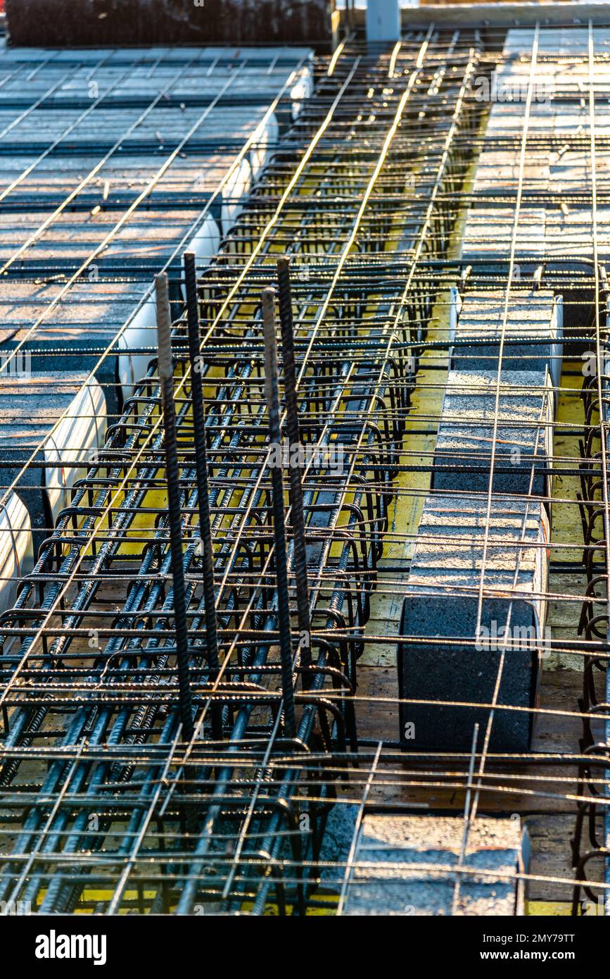 View of construction site with reinforced concrete slab. Concrete slab ...