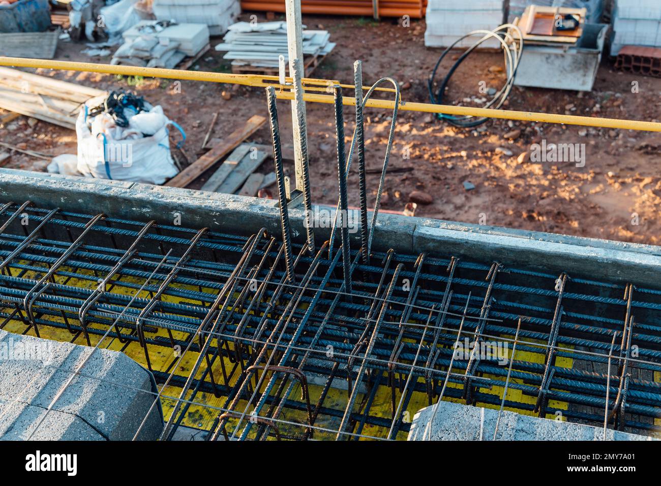 View of construction site with reinforced concrete slab. Concrete slab ...