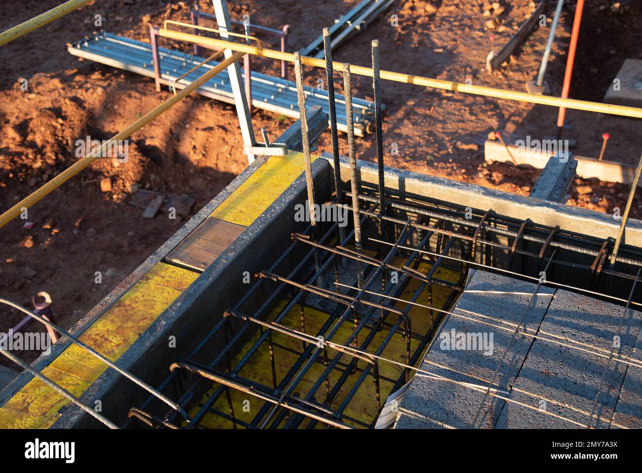 View of construction site with reinforced concrete slab. Concrete slab ...