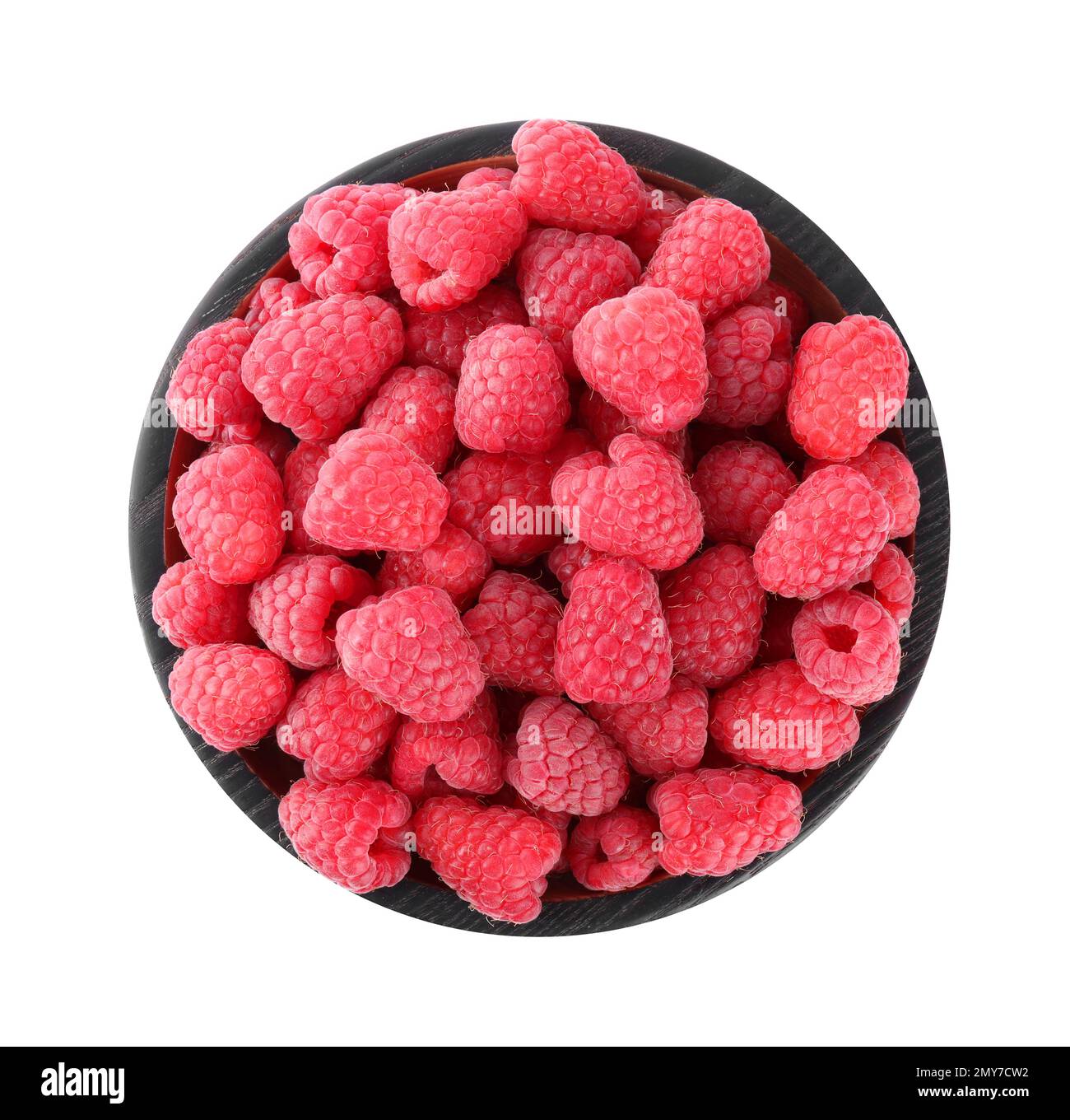 Delicious fresh ripe raspberries in bowl isolated on white, top view ...