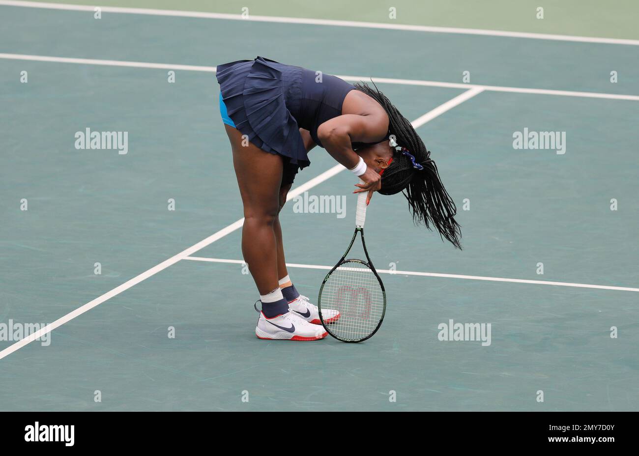 Serena Williams of the United States reacts after losing a point to ...