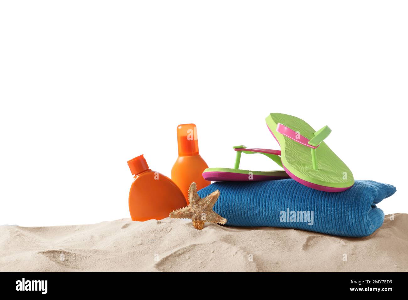 Composition with beach objects on sand against white background Stock ...