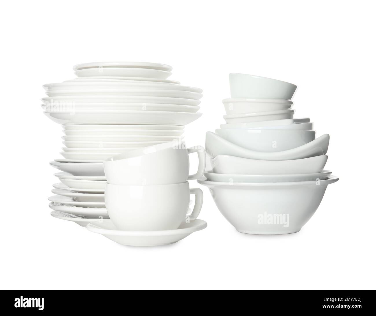 Set of clean dishware isolated on white Stock Photo - Alamy