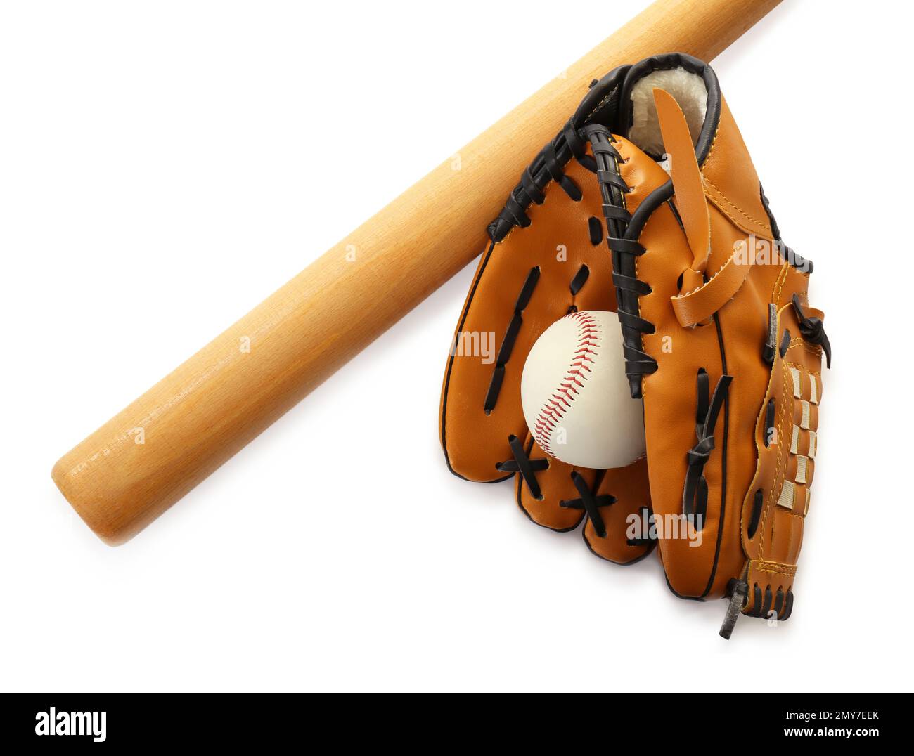Leather baseball ball, bat and glove on white background, top view ...