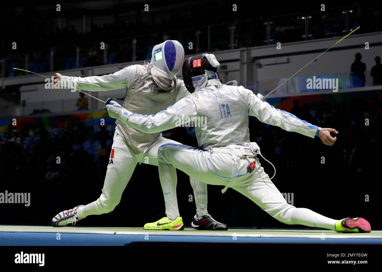 Jeremy Cadot of France, left, and Andrea Cassara of Italy compete in ...