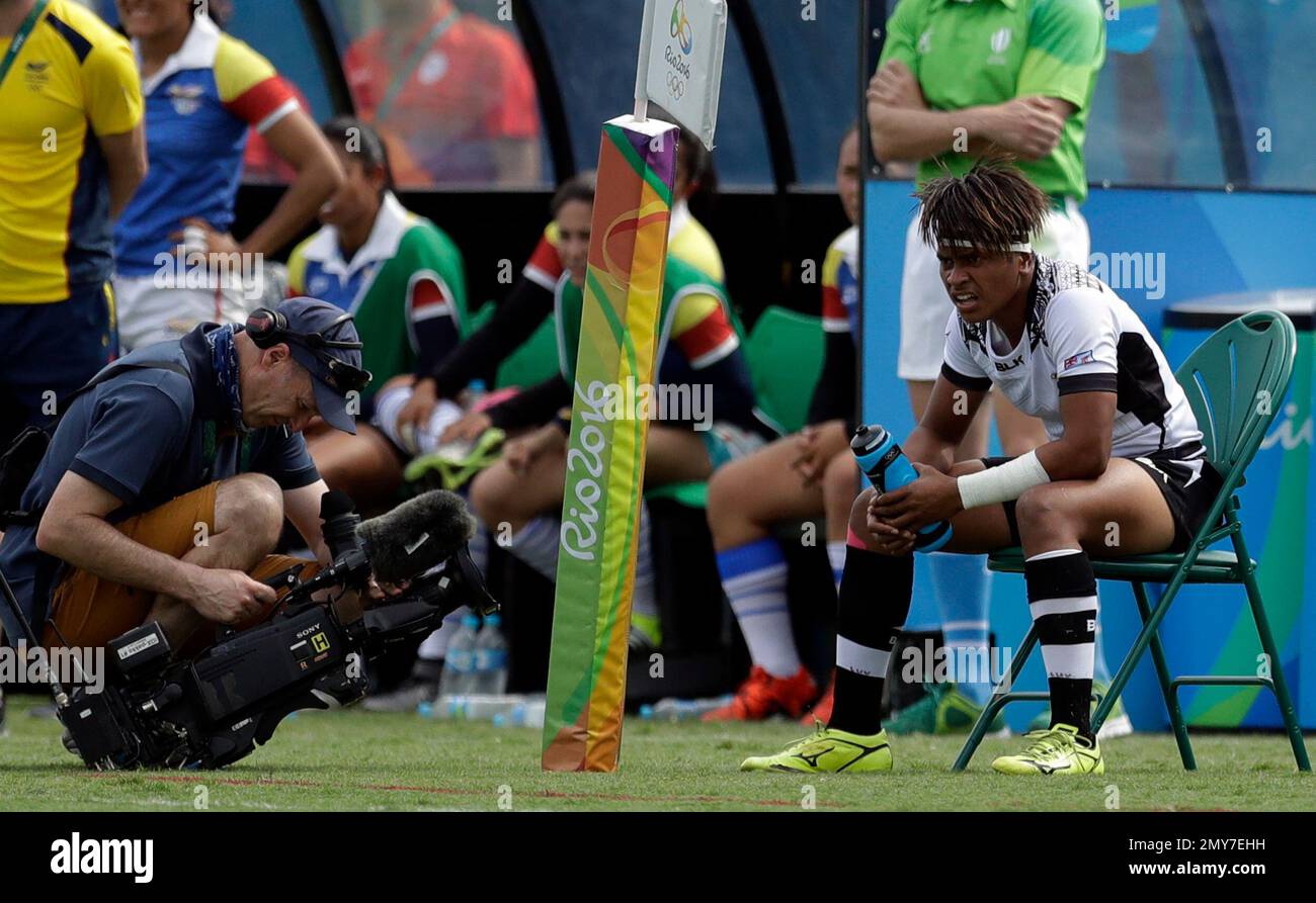 Fiji's Lavenia Tinai, sits in the in the sin bin during the women's ...