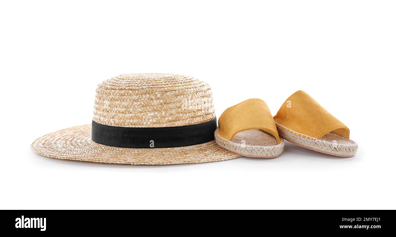 Hat and shoes on white background. Beach objects Stock Photo - Alamy