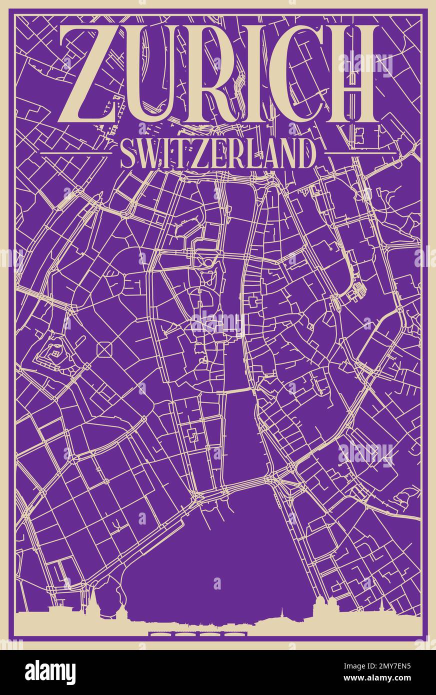 Road network poster of the downtown ZURICH, SWITZERLAND Stock Vector ...