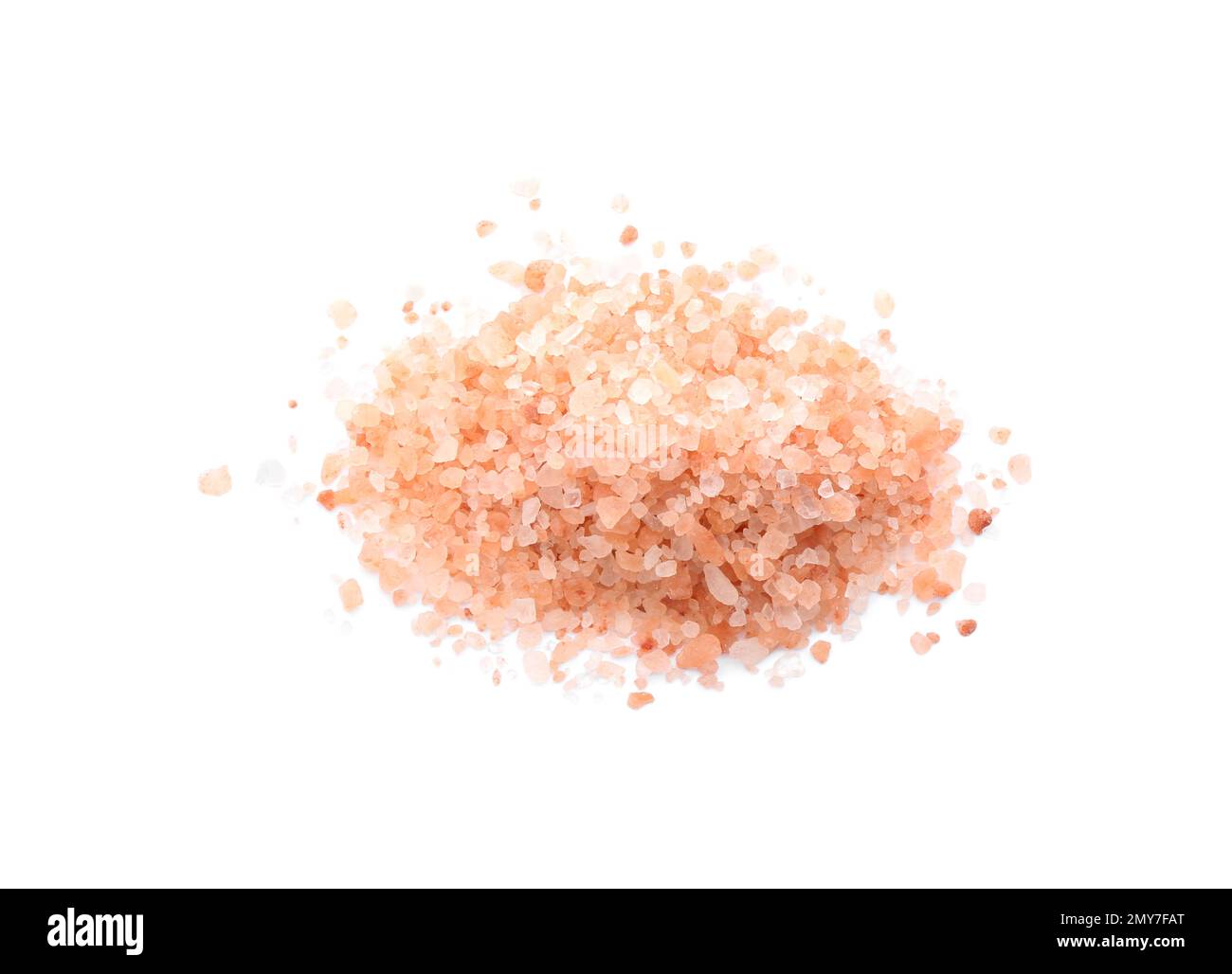 Pile of pink himalayan salt isolated on white, top view Stock Photo - Alamy