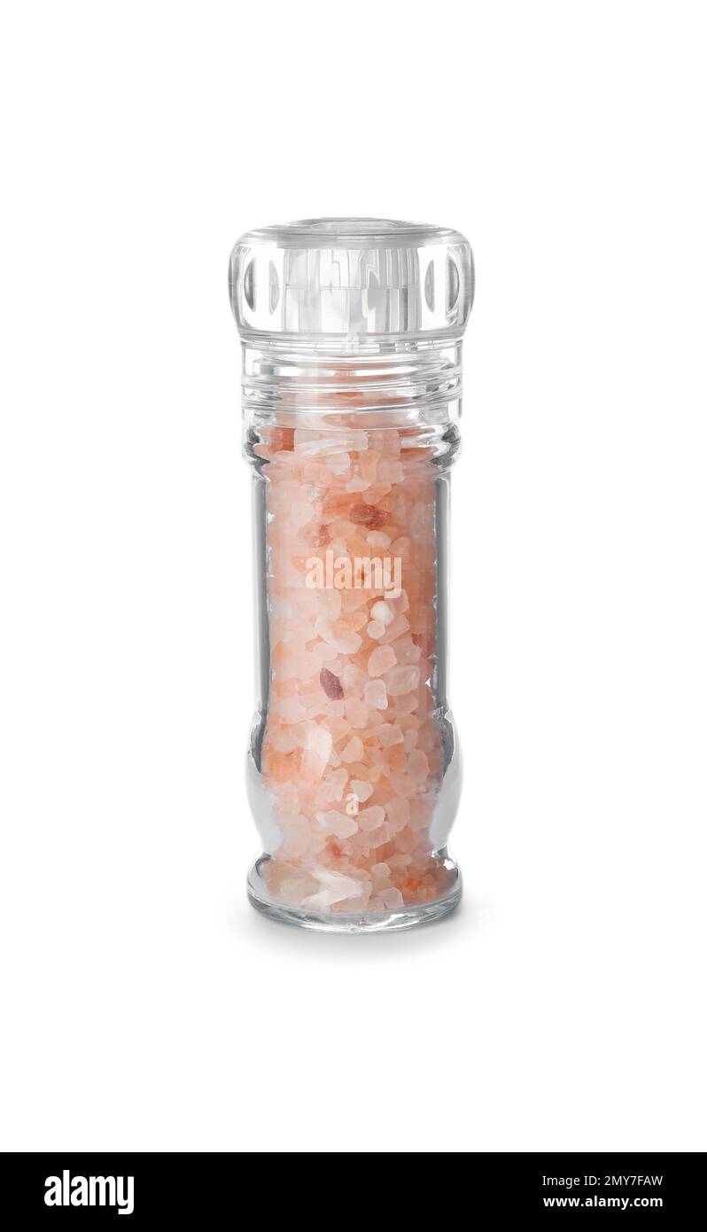 Pink himalayan salt in glass shaker isolated on white Stock Photo - Alamy