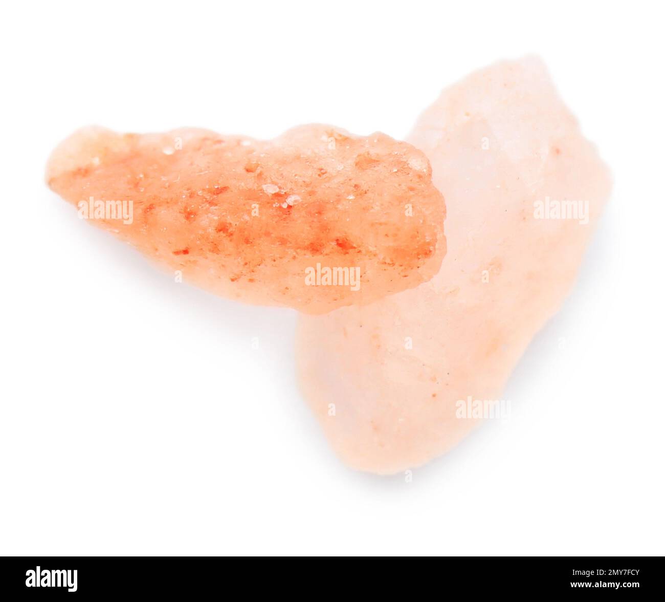 Crystals of pink himalayan salt isolated on white, top view Stock Photo ...