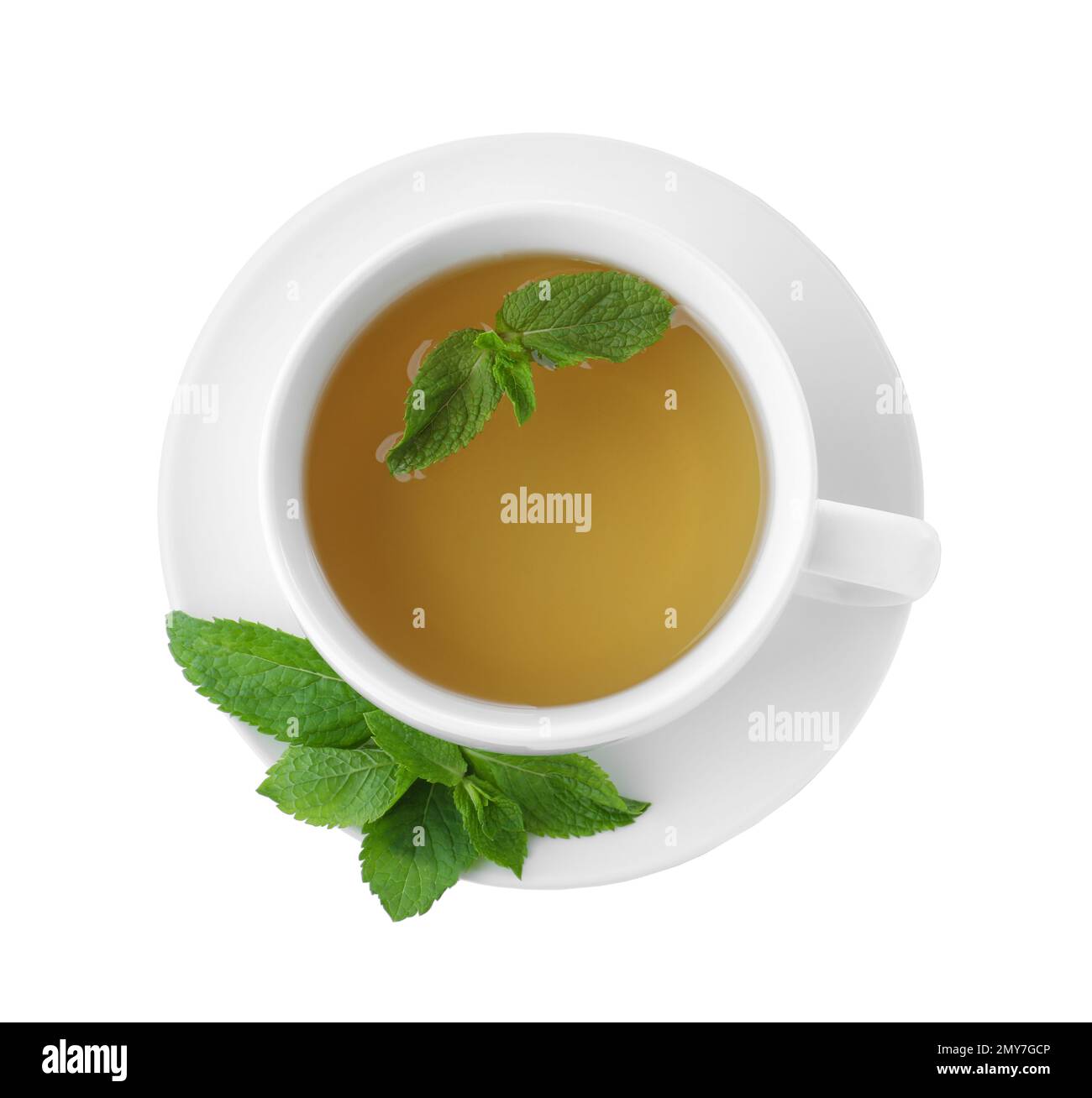 Cup with hot aromatic mint tea isolated on white, top view Stock Photo ...