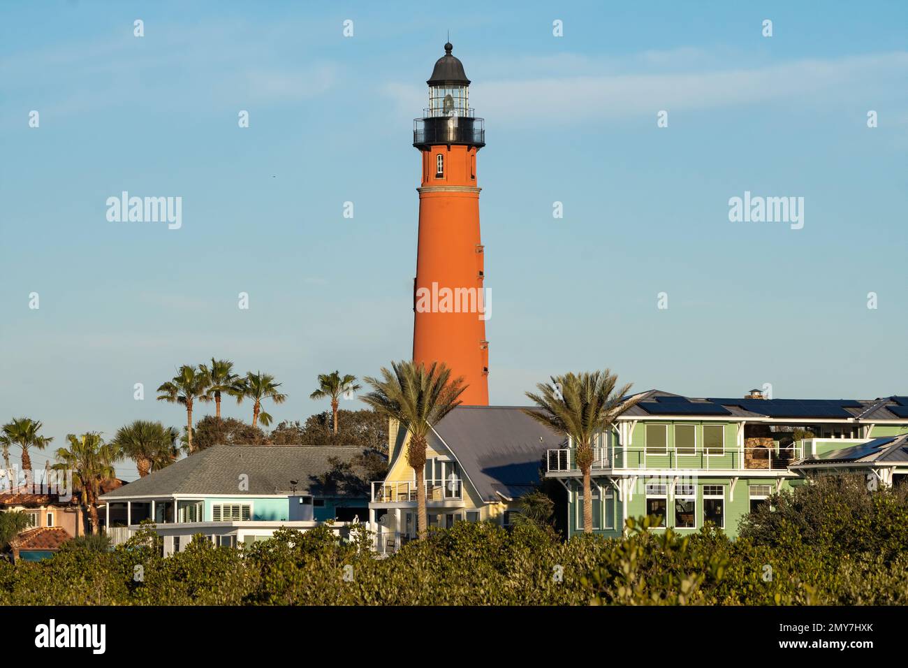 Ponce de Leon lighthouse towers over homes in Port Orange Florida Stock ...