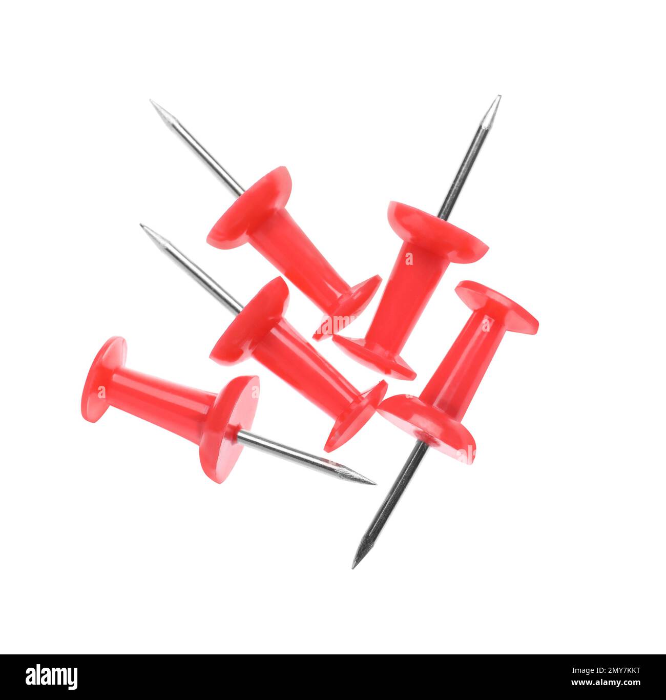 Colorful drawing pins isolated on white, top view. School stationery ...