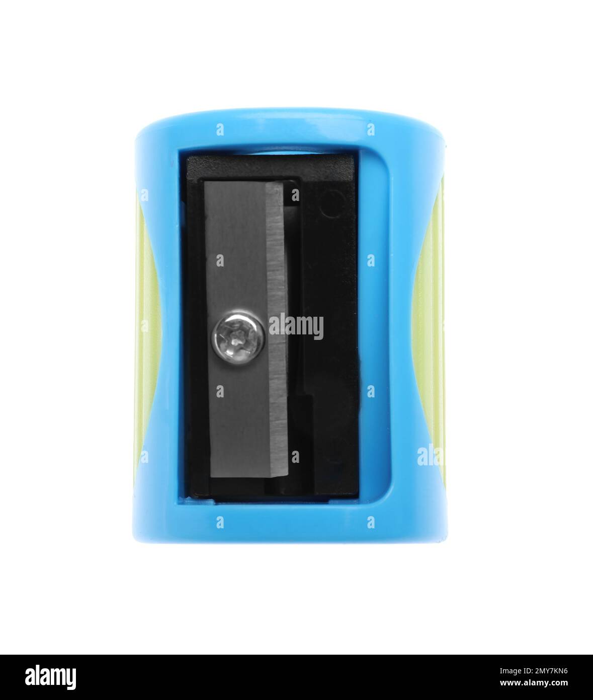 Modern pencil sharpener isolated on white, top view. School stationery ...