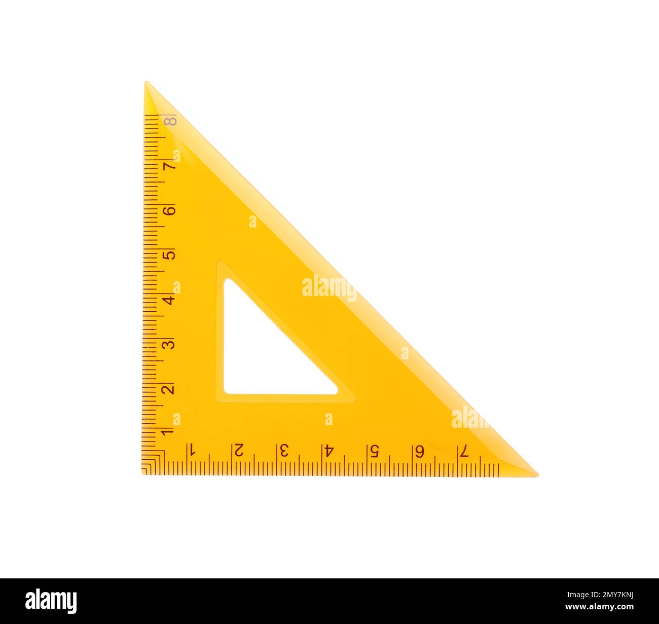 Colorful plastic triangular ruler isolated on white, top view. School ...