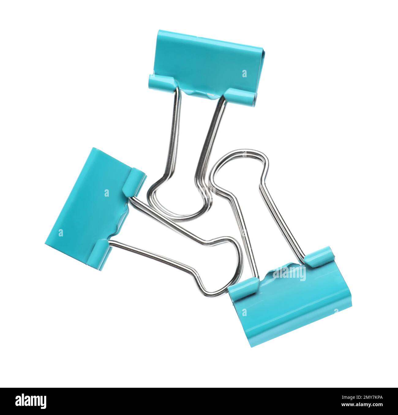 Colorful paper clips isolated on white, top view. School stationery ...