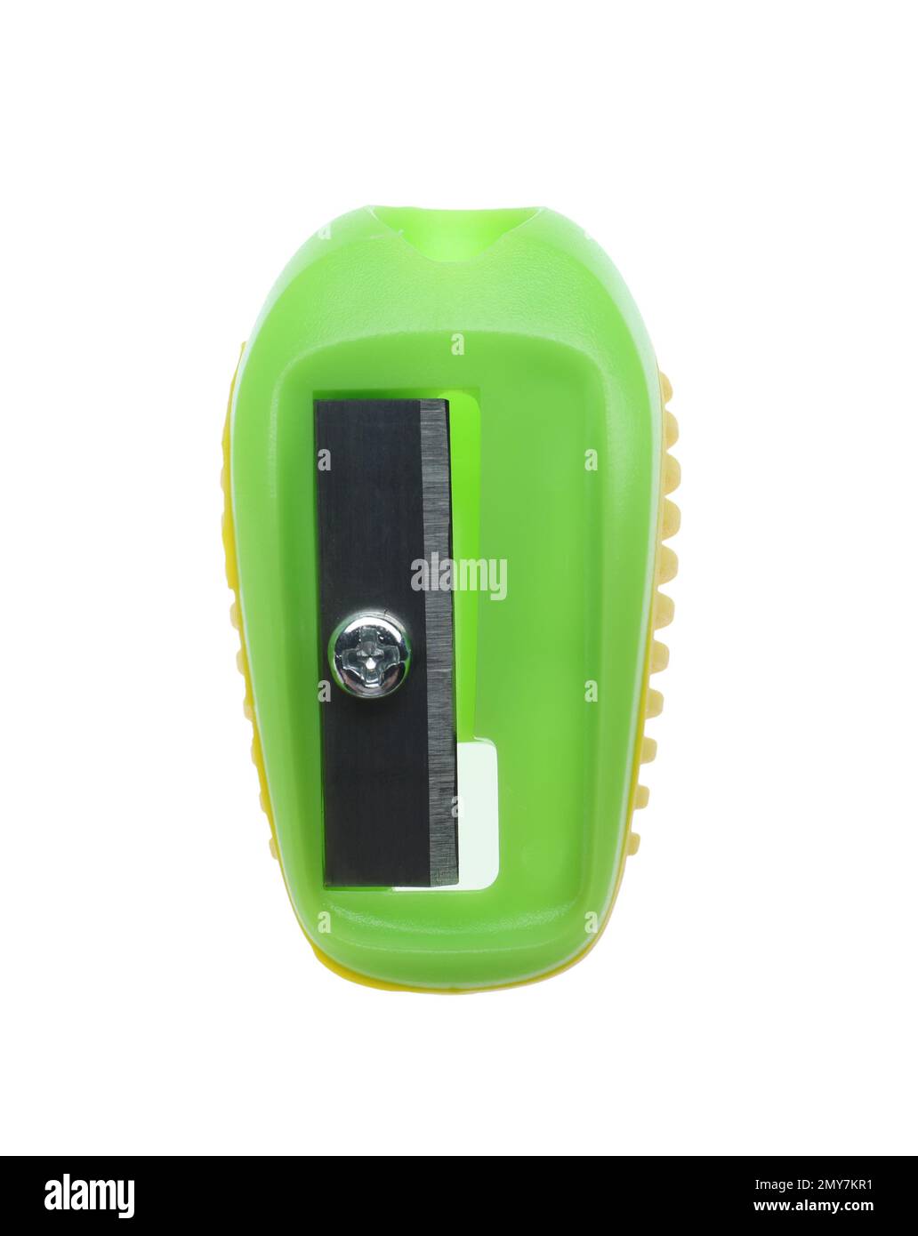 Modern pencil sharpener isolated on white, top view. School stationery ...