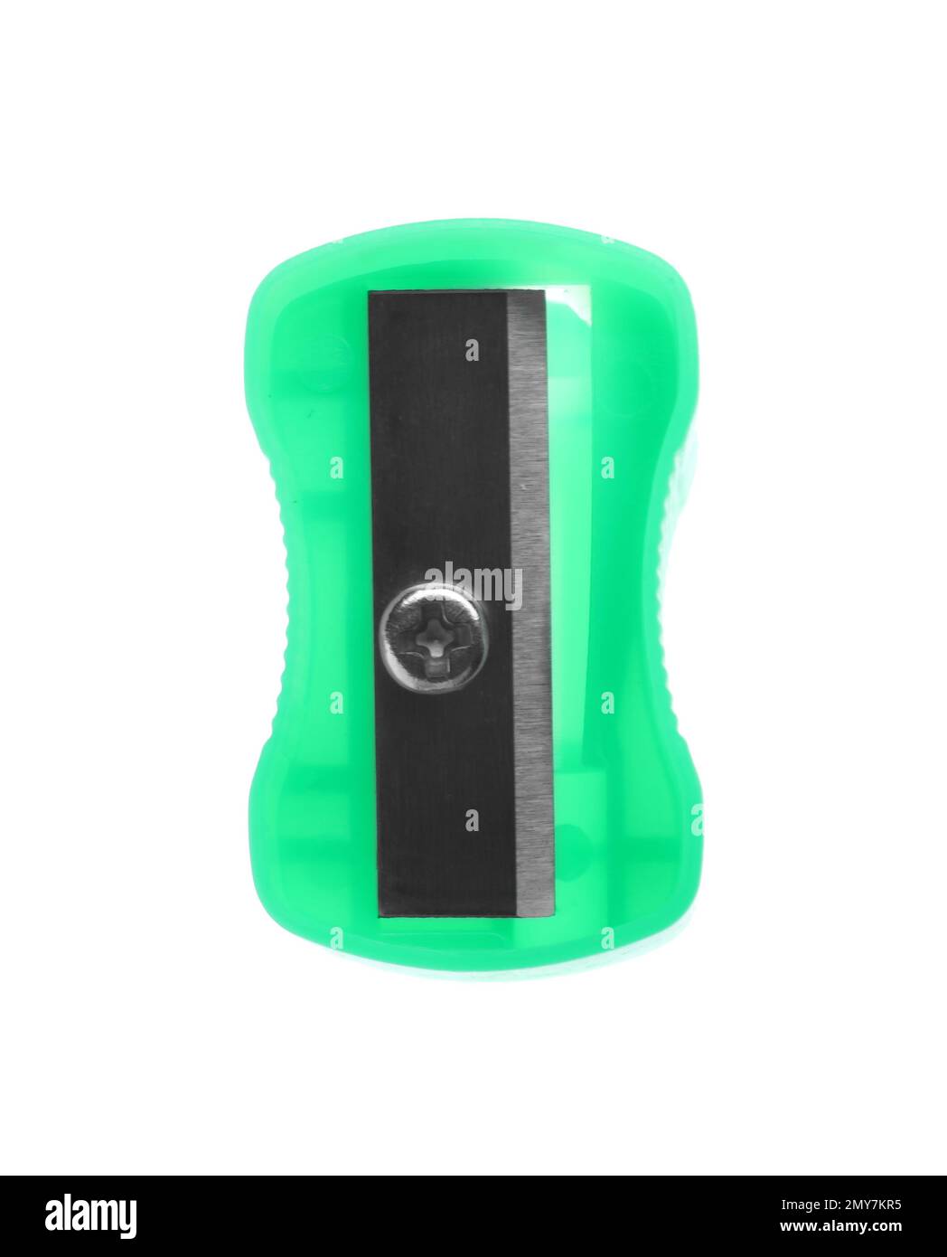 Modern pencil sharpener isolated on white, top view. School stationery ...