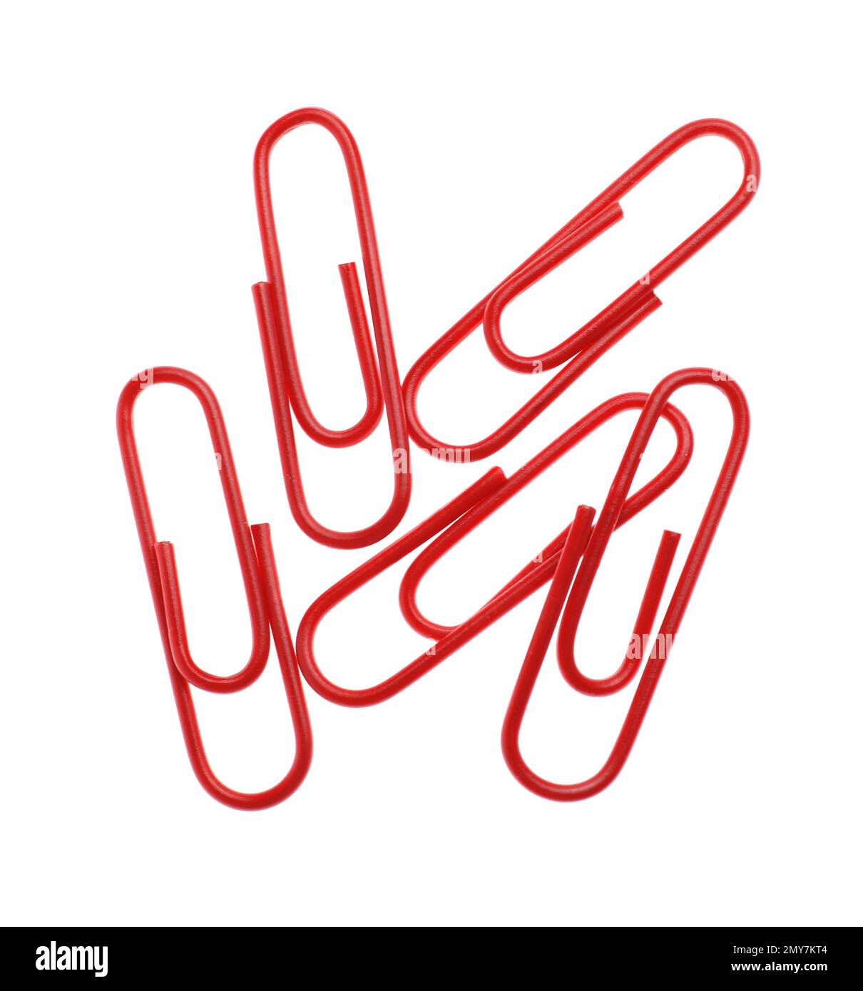 Colorful paper clips isolated on white, top view. School stationery ...