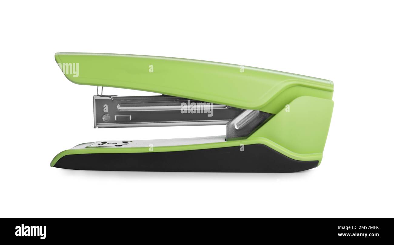 Green stapler isolated on white. Stationery for school Stock Photo - Alamy