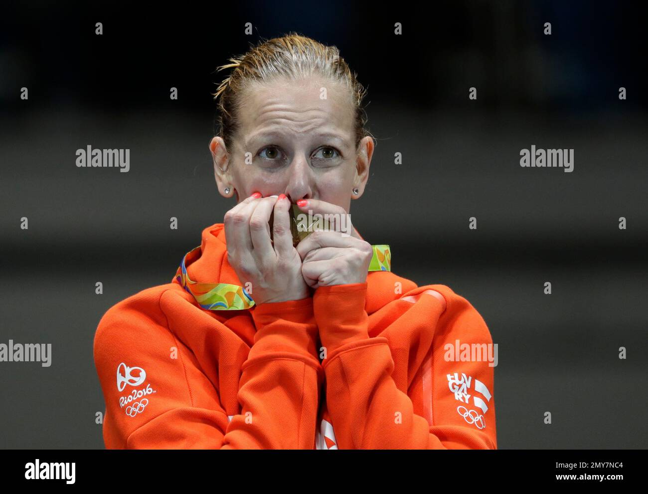 Emese Szasz of Hungary kisses the gold medal she won in the women's ...