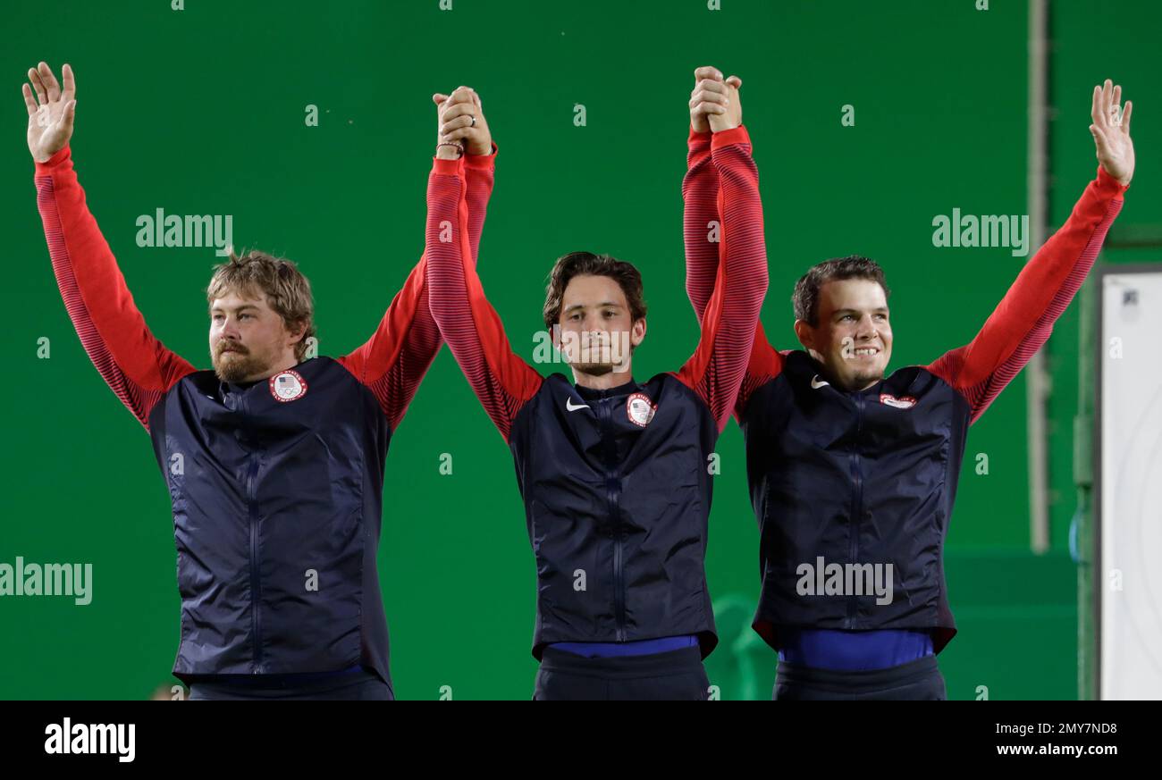 United States' Brady Ellison, Zach Garrett and Jake Kaminski, from left ...