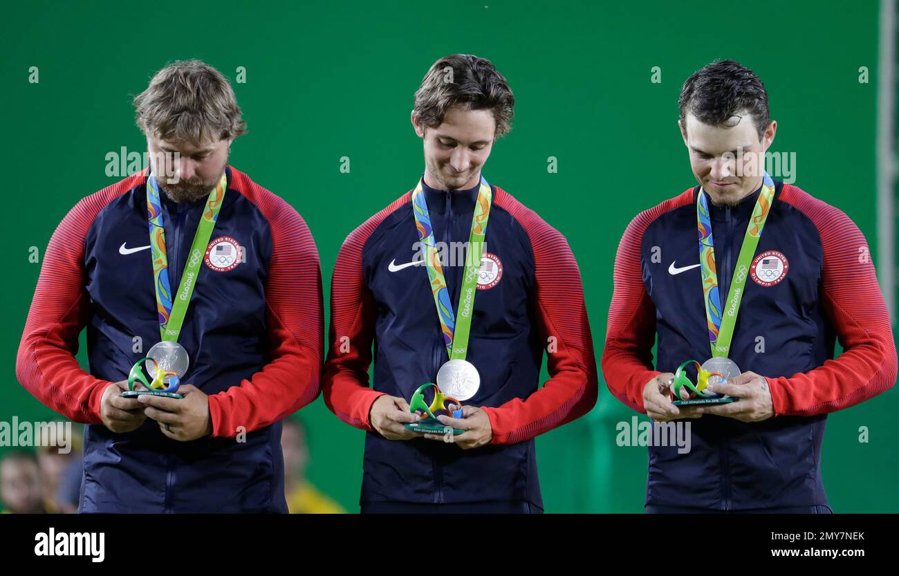 United States' Brady Ellison, Zach Garrett and Jake Kaminski, from left ...