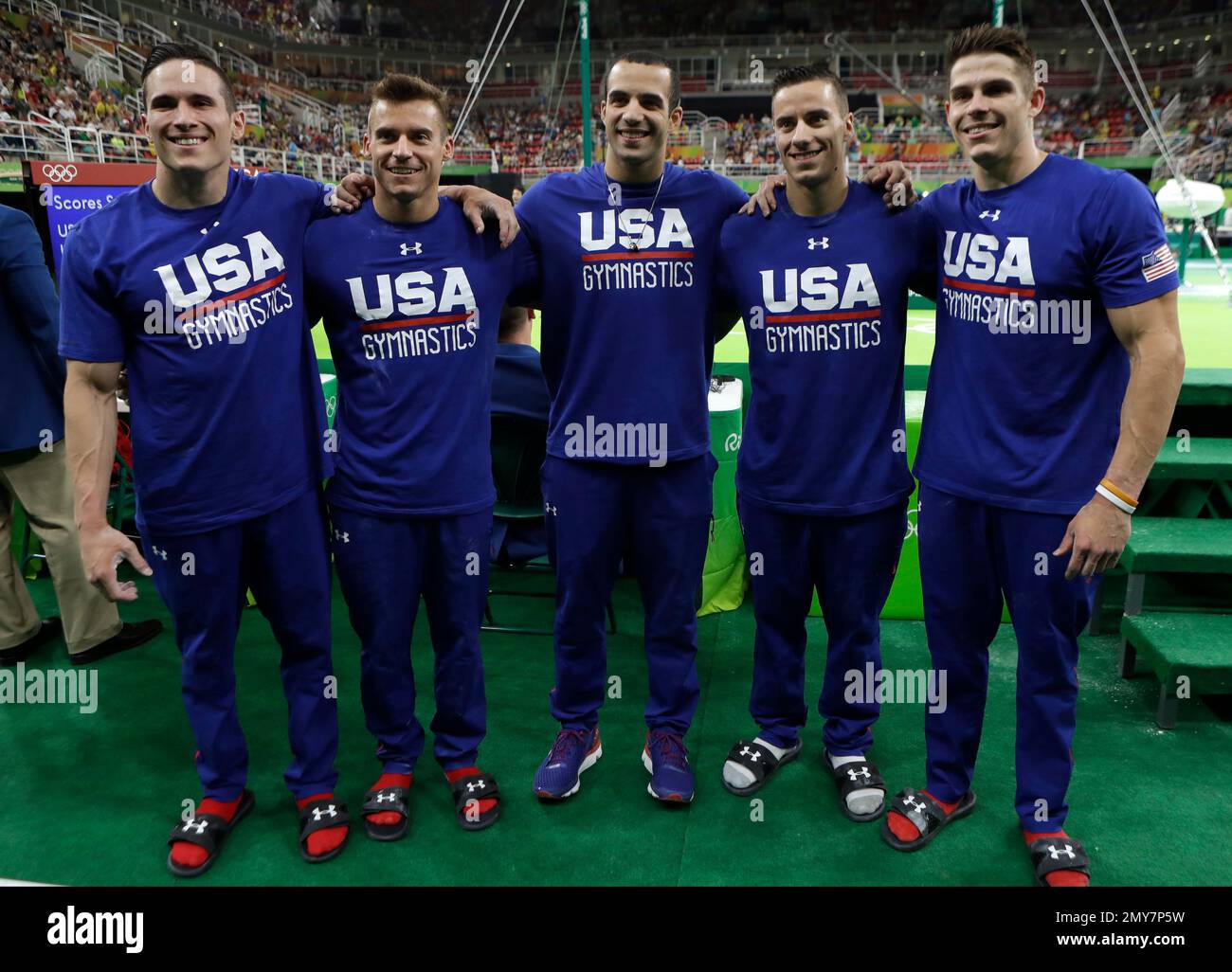 U.S. gymnasts, from right, Chris Brooks, Jake Dalton, Danell Leyva, Sam ...