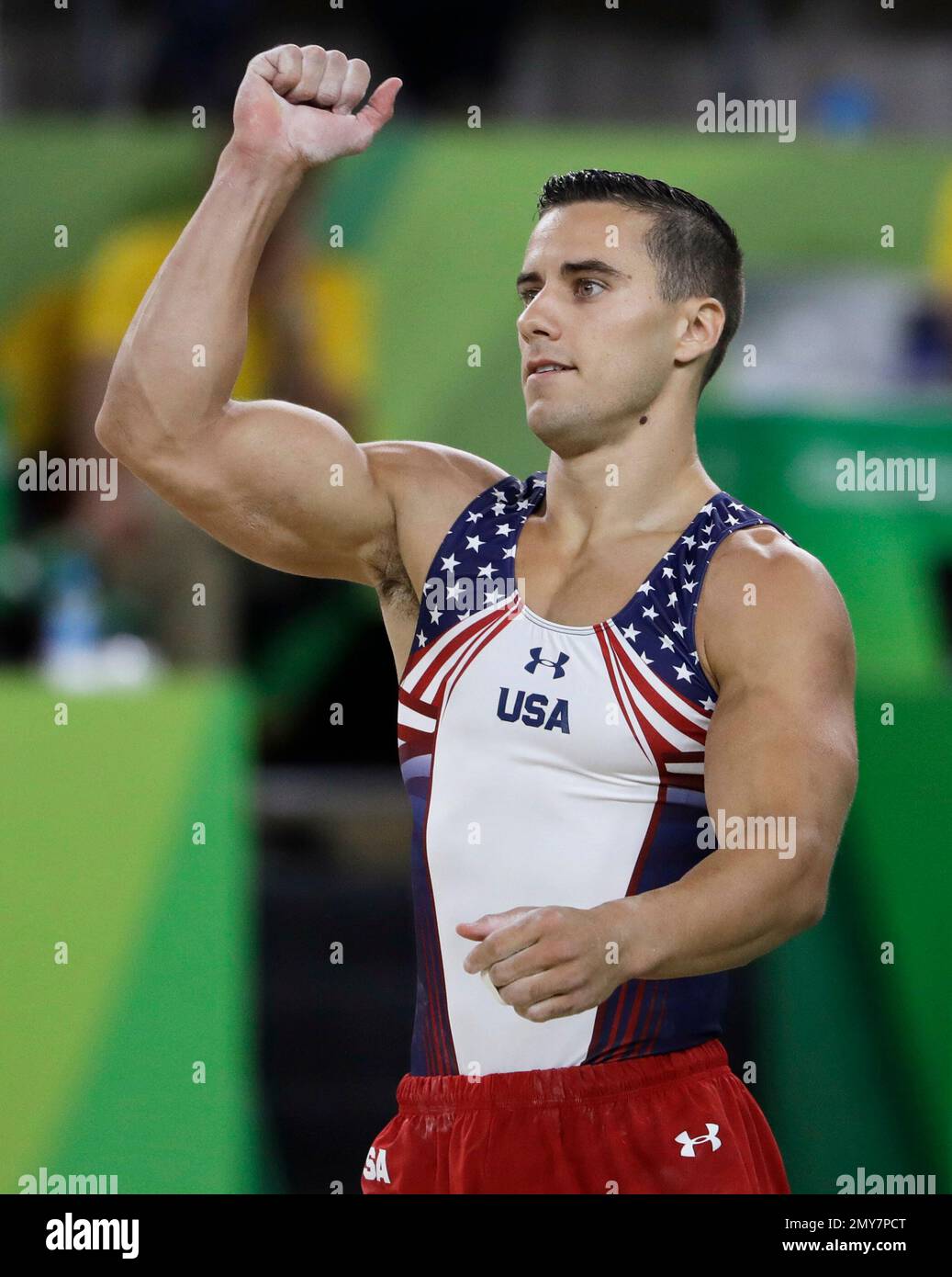 United States' Jacob Dalton celebrates after his floor routine during ...