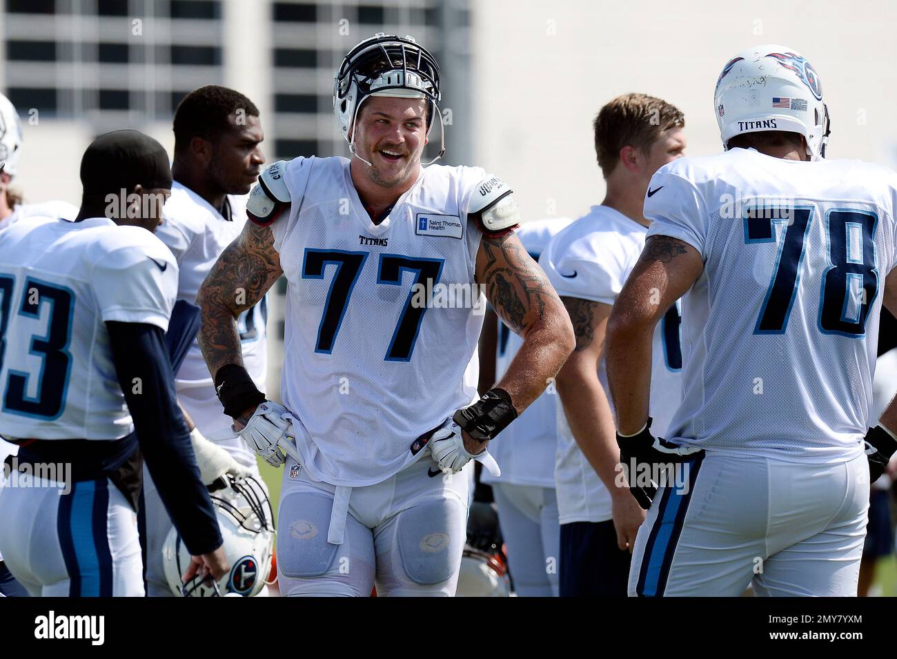 Tennessee Titans tackle Taylor Lewan (77) takes a break during NFL ...