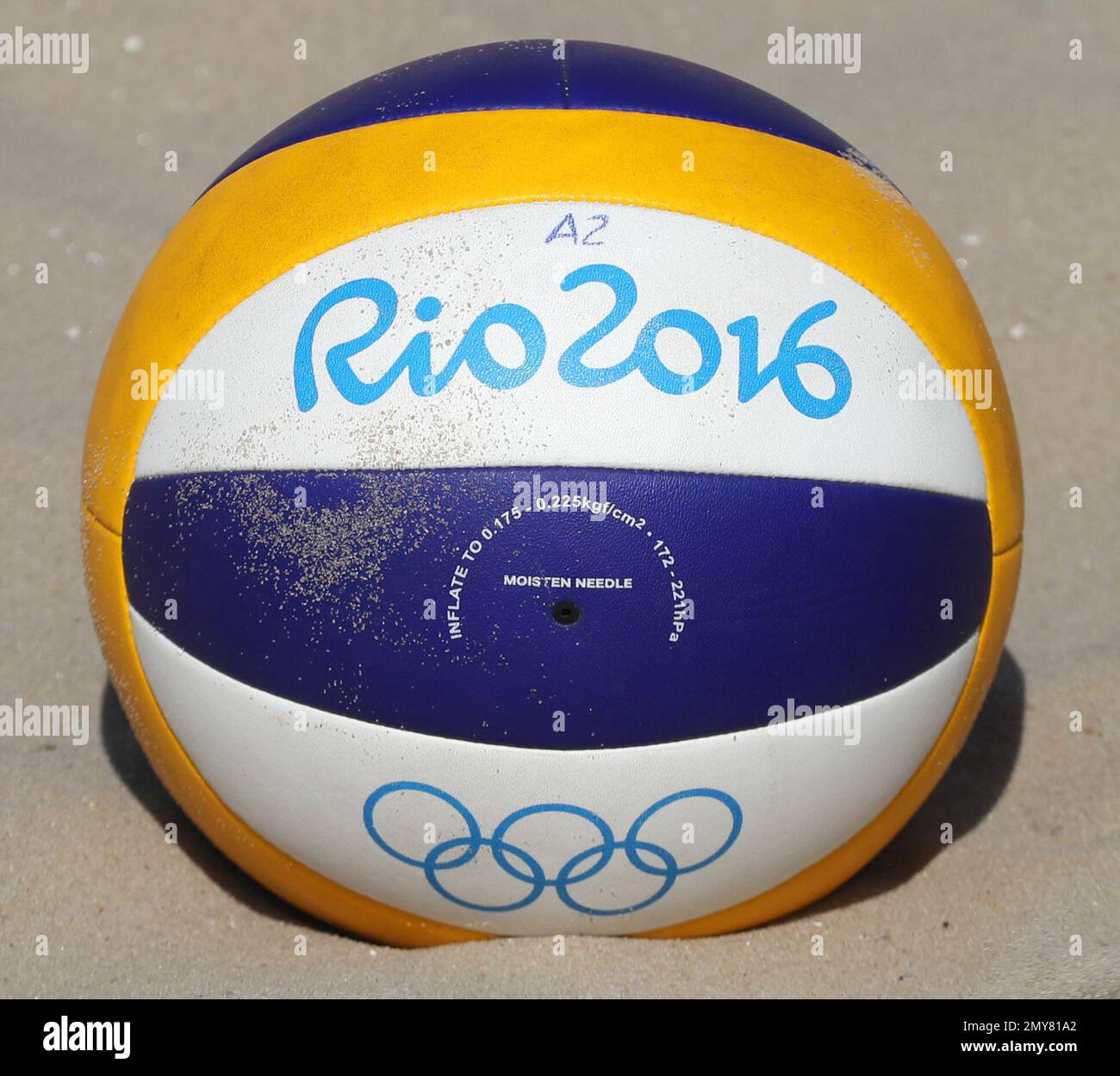 A ball lies in the sand at the Copacabana beach volleyball arena prior ...