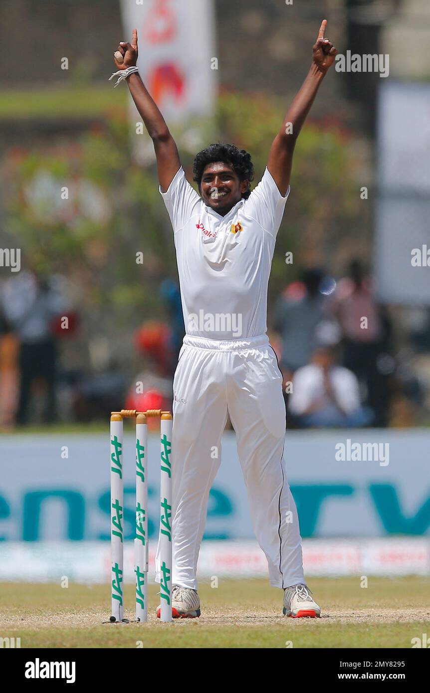 Sri Lanka's Lakshan Sandakan celebrates the wicket of Australia's ...