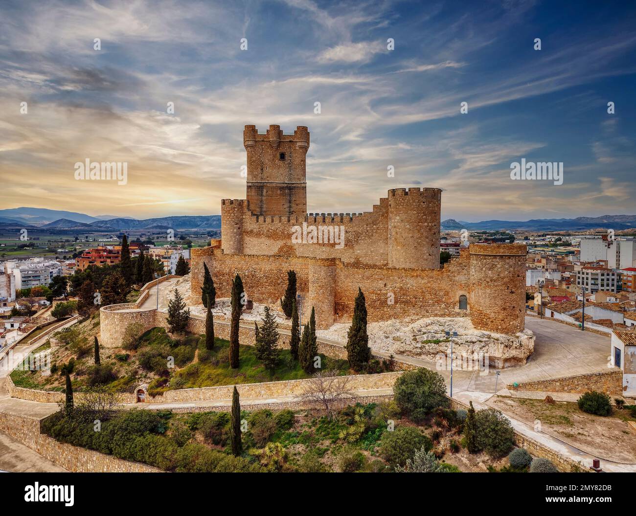 Aerial view of the castle of Villena in the province of Alicante, Spain ...