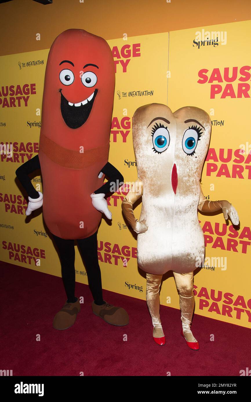 Costumed characters from the animated film "Sausage Party" attend a ...