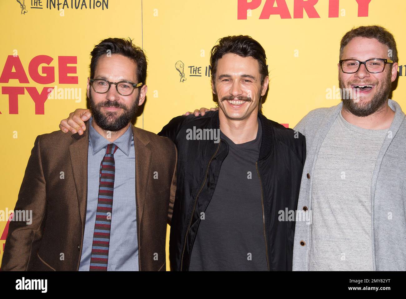 Paul Rudd, from left, James Franco and Seth Rogen attend a screening of ...