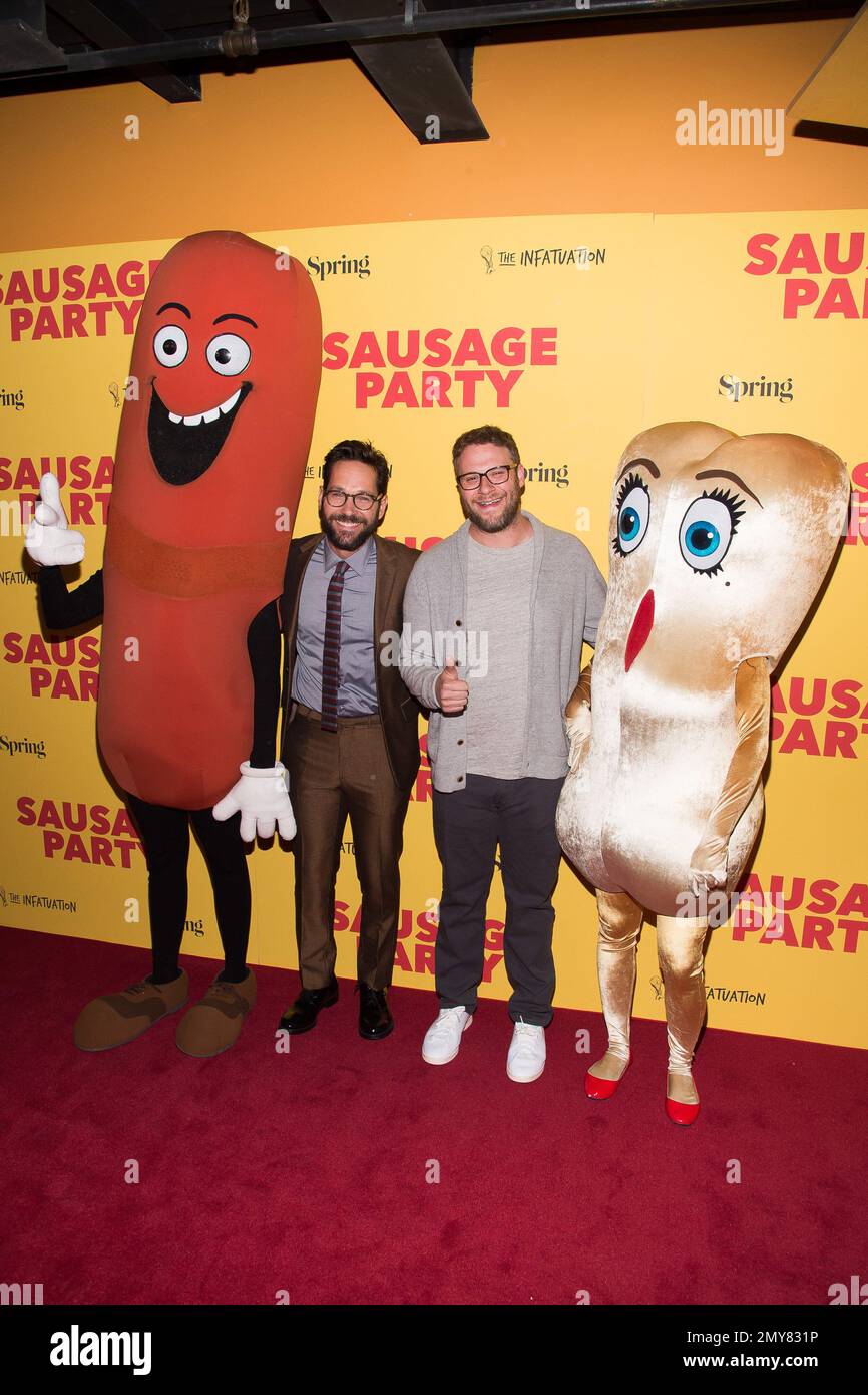 Paul Rudd, left, and Seth Rogen pose with the costumed characters from ...