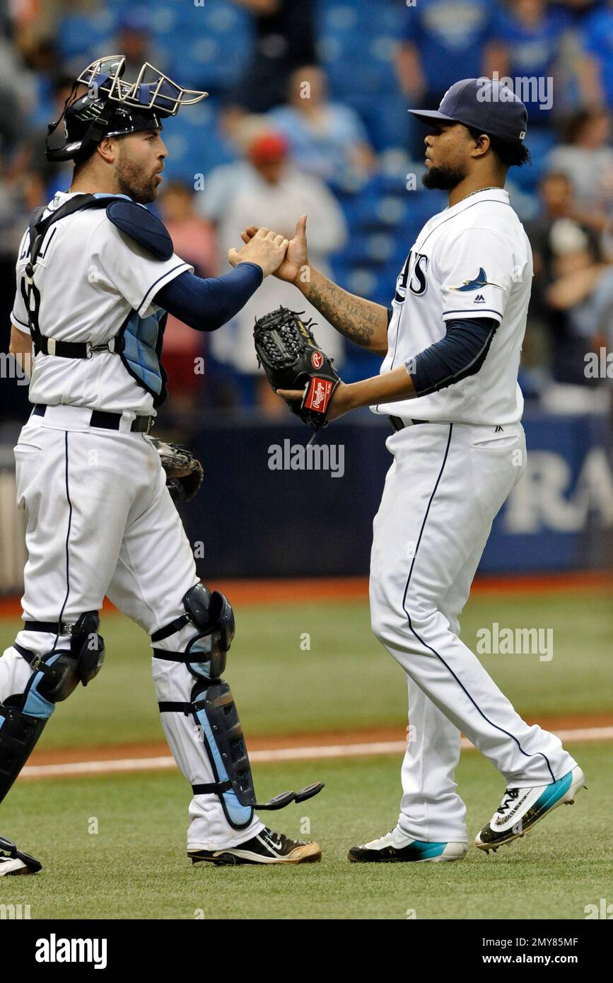 Tampa Bay Rays catcher Curt Casali, left, congratulates closer Alex ...