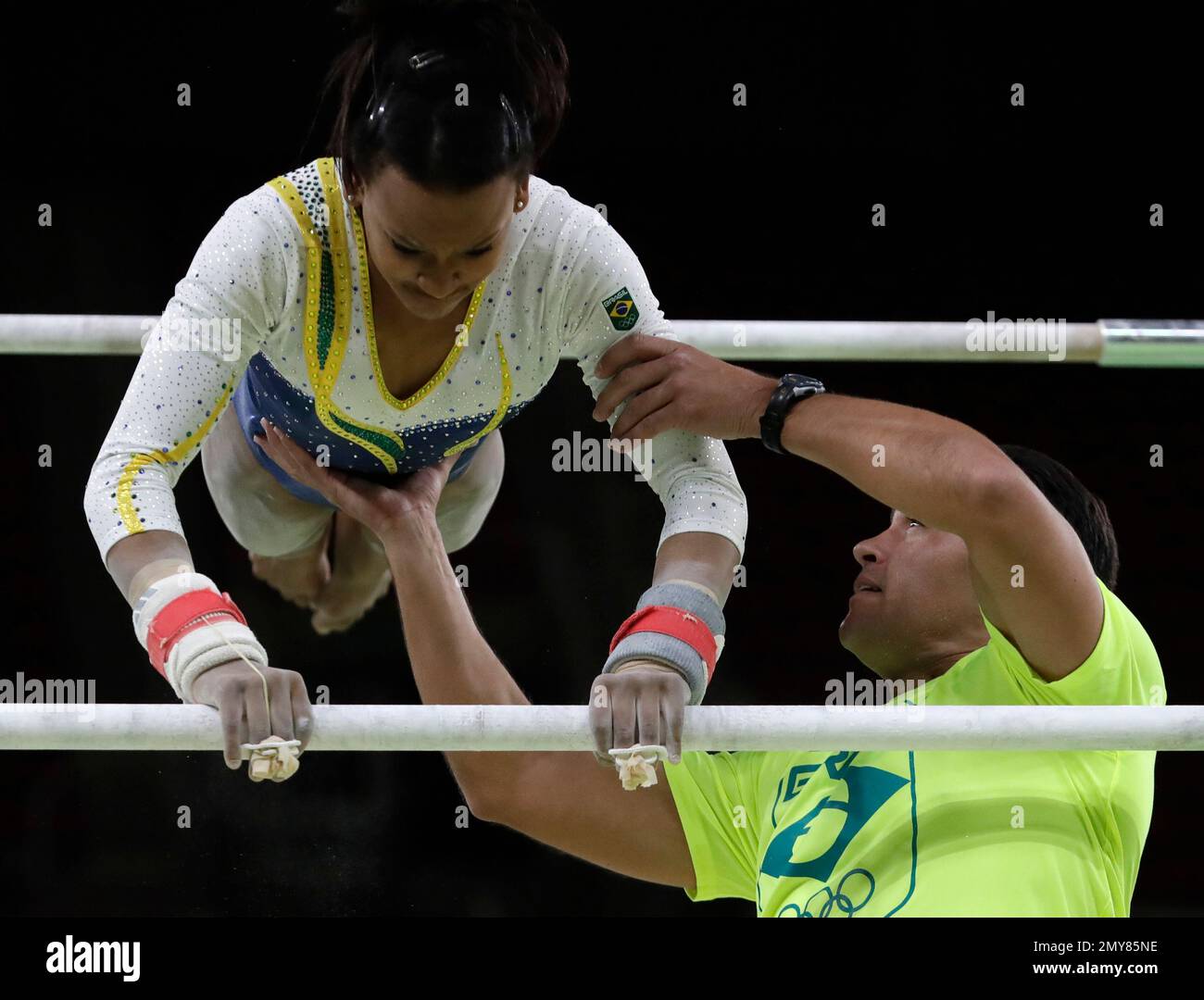 Brazilian gymnast Rebeca Andrade trains on the uneven bars ahead of the ...