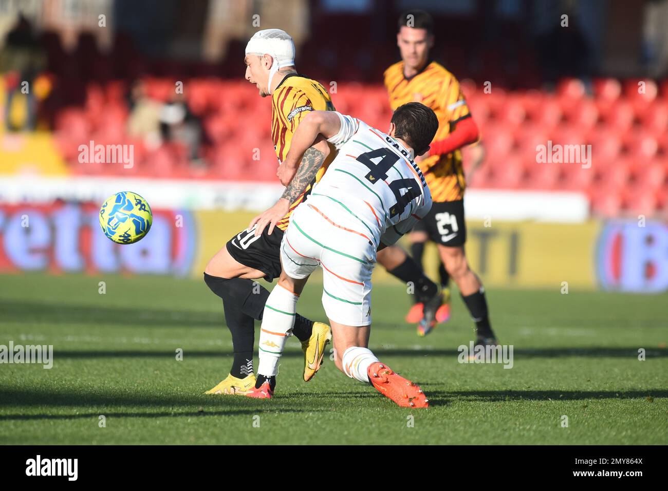 Melvyn Jacques Jean af Venezia FC competes for the ball with Antonino ...
