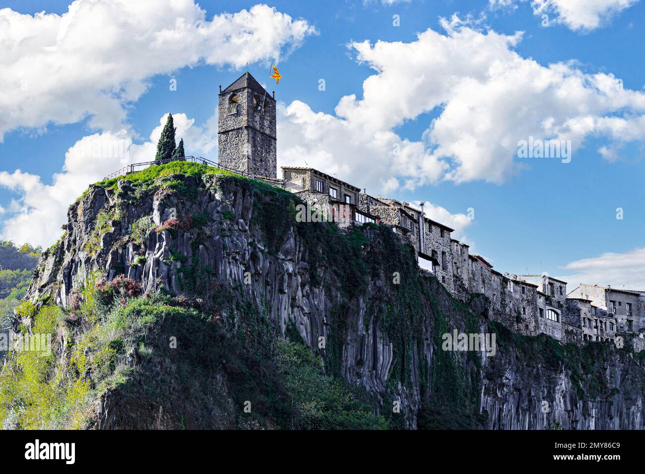 Views of the town of Castellfollit de la Roca, settled on a basaltic ...