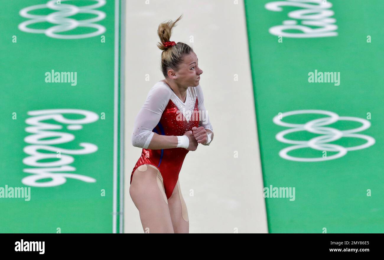 Russian gymnast Maria Paseka trains on the vault ahead of the 2016 ...