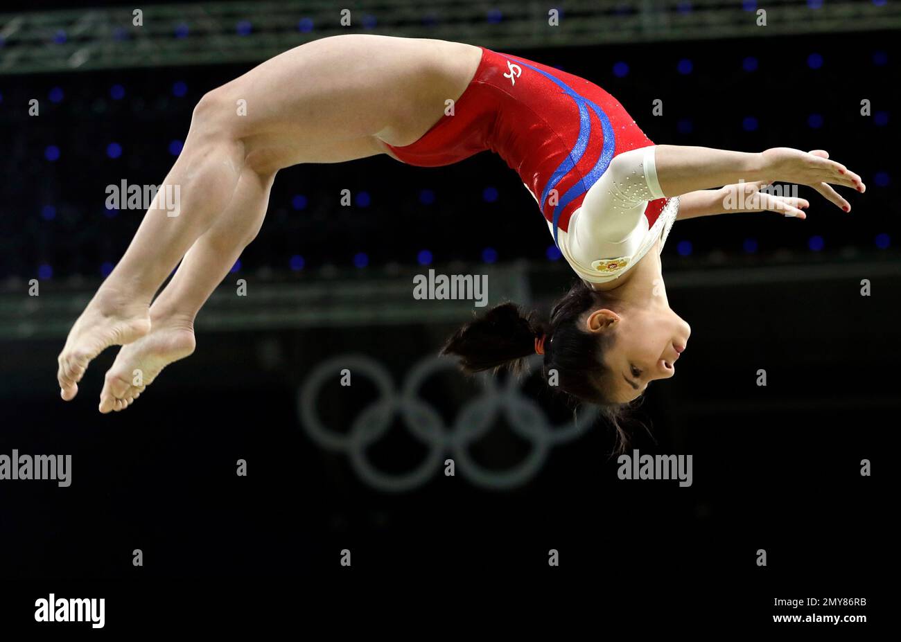 Russian gymnast Seda Tutkhalyan trains on the balance beam ahead of the ...