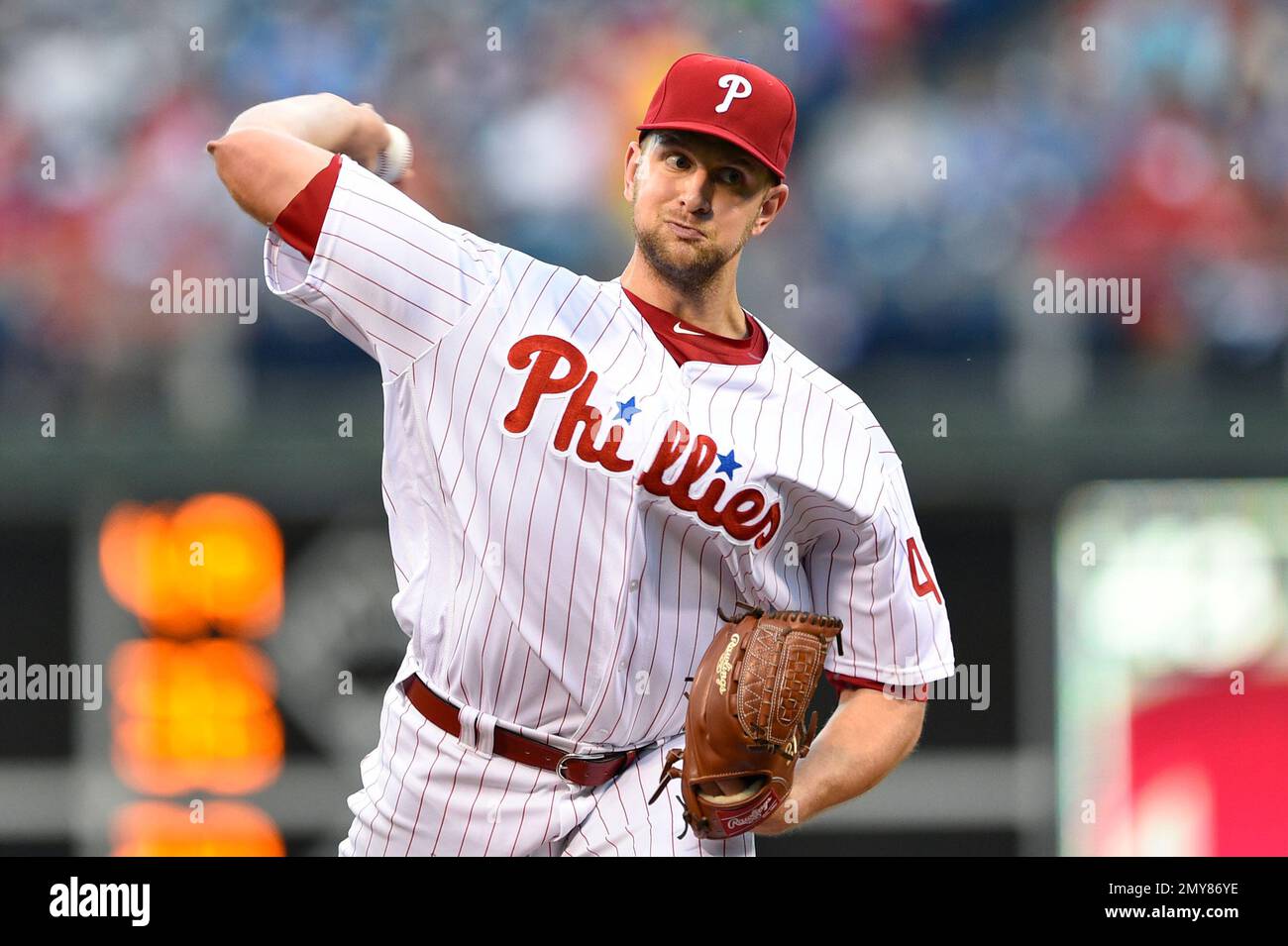 Philadelphia Phillies starting pitcher Phil Klein in action during a baseball game against the ...