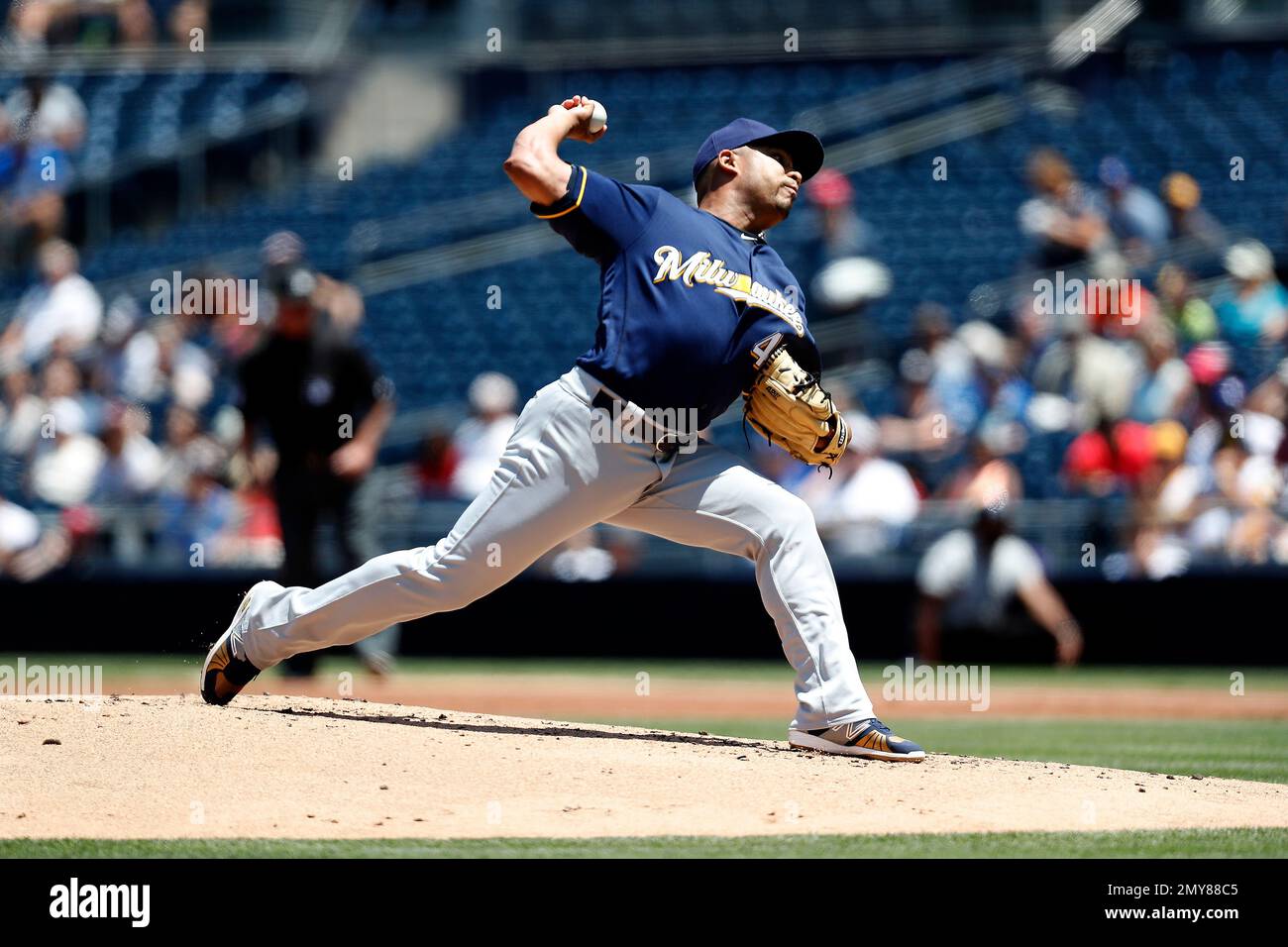 Milwaukee Brewers starting pitcher Junior Guerra throws to the San ...