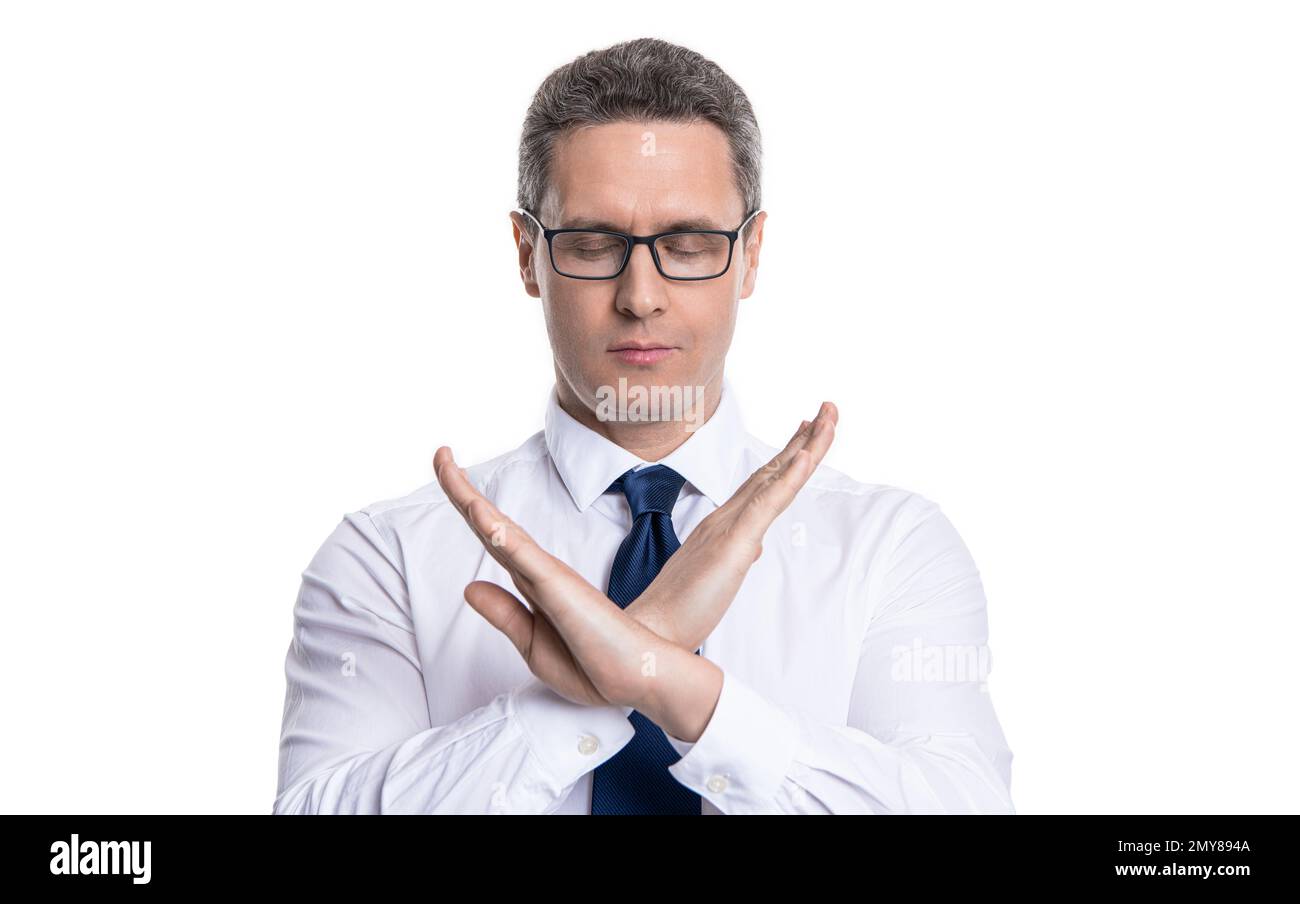 man with no gesture isolated on white, objection. man show no at studio ...